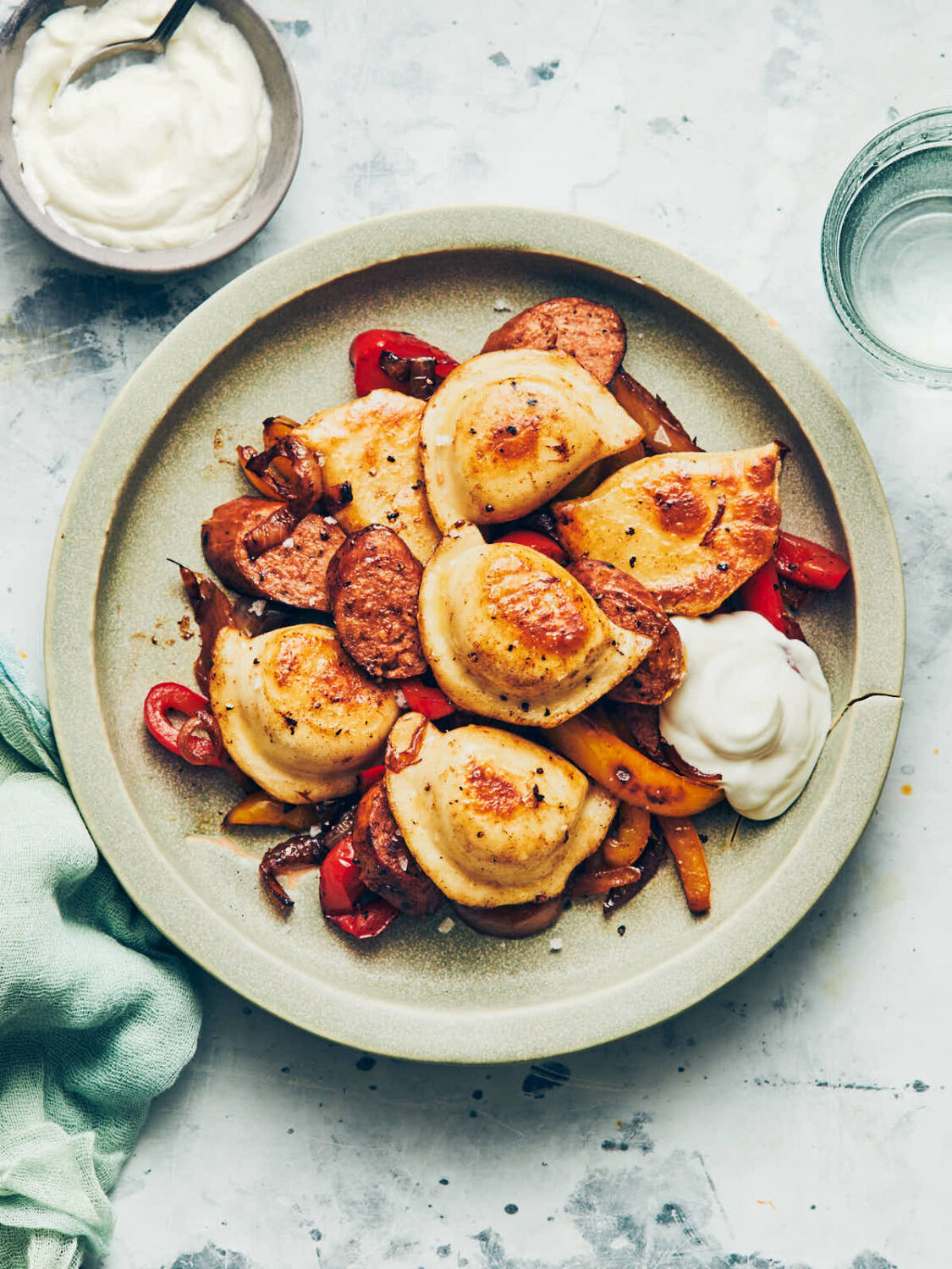 Frozen Pierogi with Vegan Sausage - Evergreen Kitchen